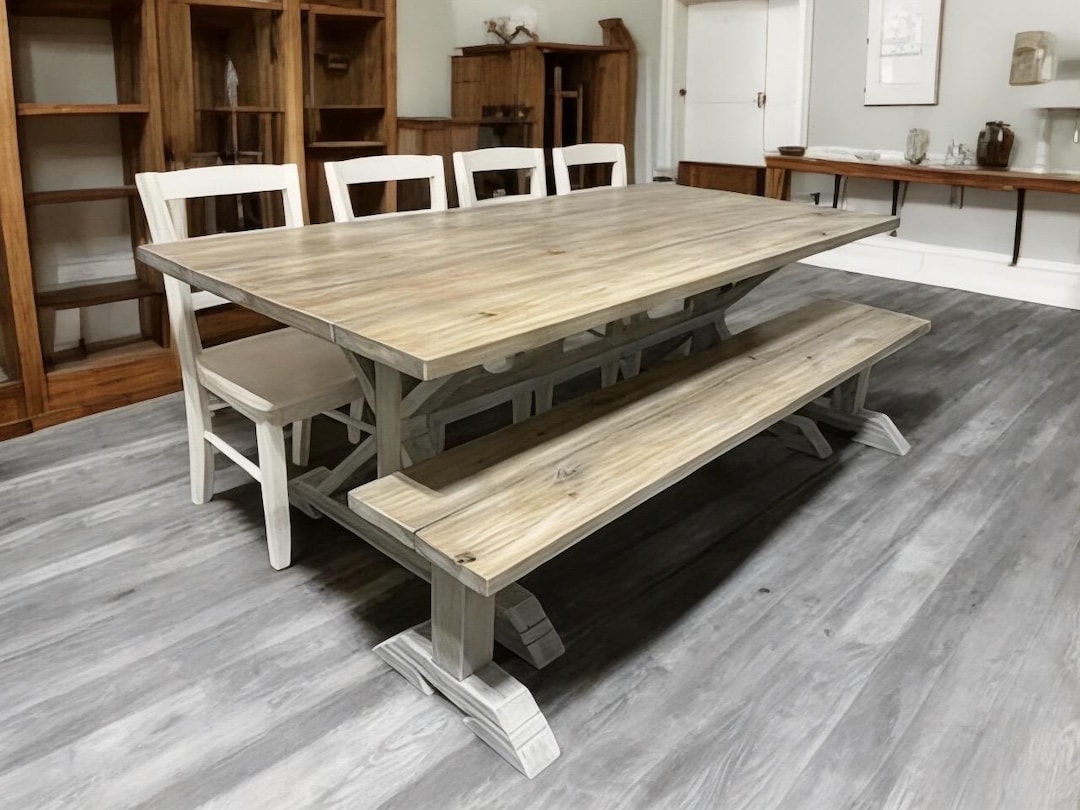 7ft Dining Table Set - Farmhouse Trestle Style Base - Bench and Chair ...