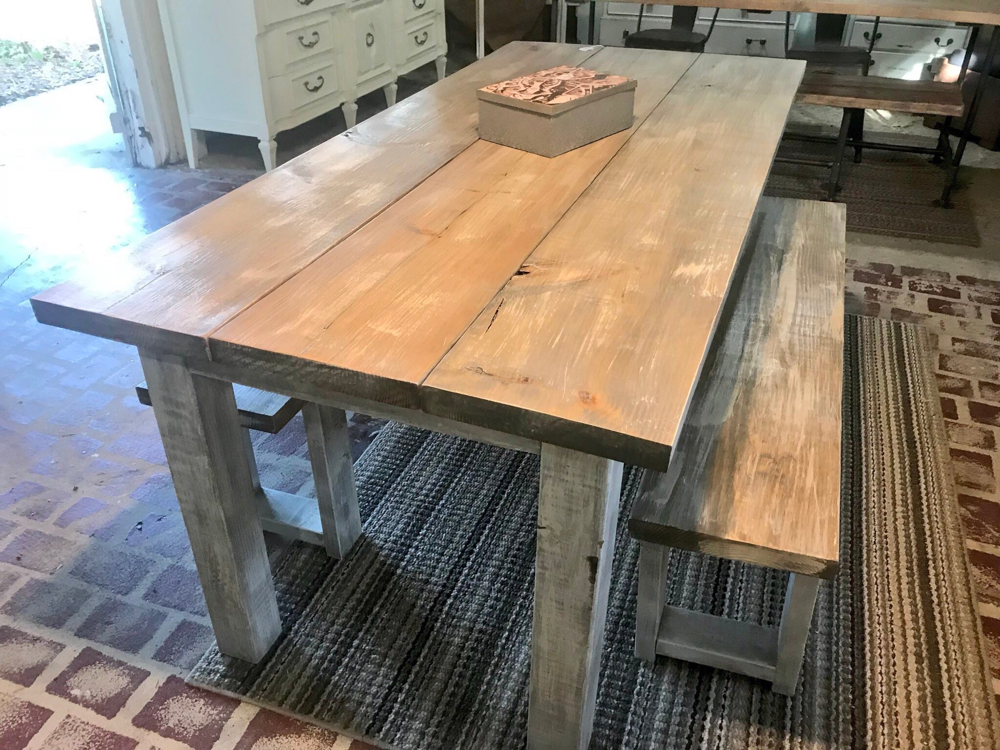White Wash Farmhouse Table With Benches Rustic Wooden Gray White Wash ...