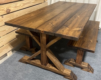 Rustic Pedestal Farmhouse Table With Benches Provincial Brown - Etsy