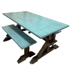 6ft Farmhouse Dining Table Set: Distressed Teal, Dark Walnut, Trestle ...