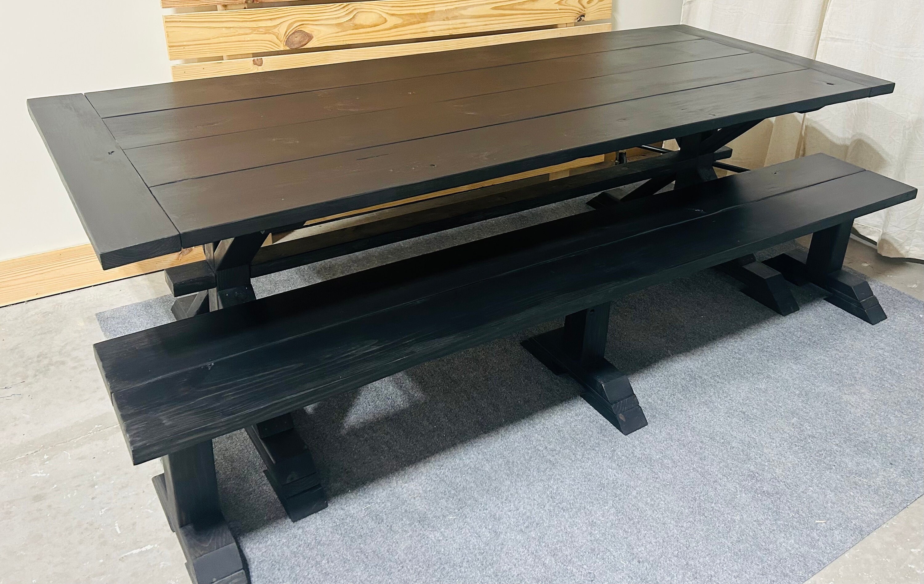 Black Modern Trestle Farmhouse Table, With Benches, Stained True Black ...