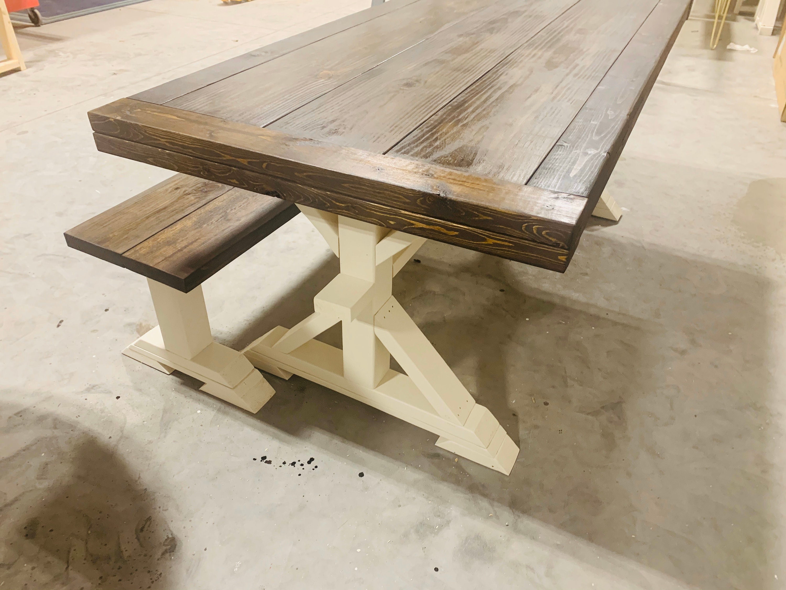 Chunky Farmhouse Table with Rustic Pedestal Base, and Bench Espresso ...