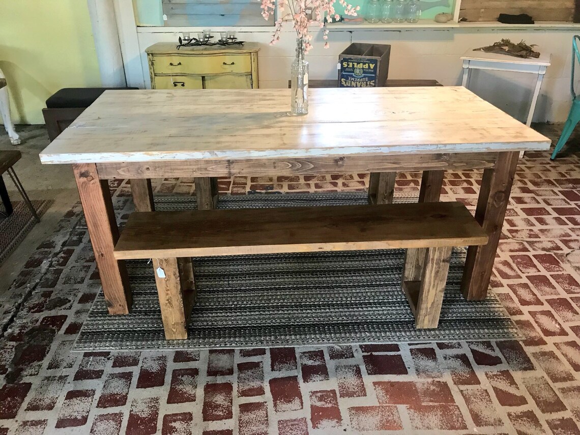 Rustic Weathered Farmhouse Table Set With Wooden Benches - Etsy