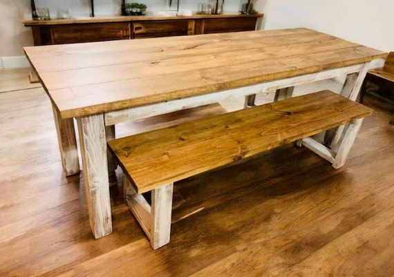 Narrow Farmhouse Table Set With Benches Distressed White Early American Brown Wooden Dining Set Kitchen Set 7ft Etsy