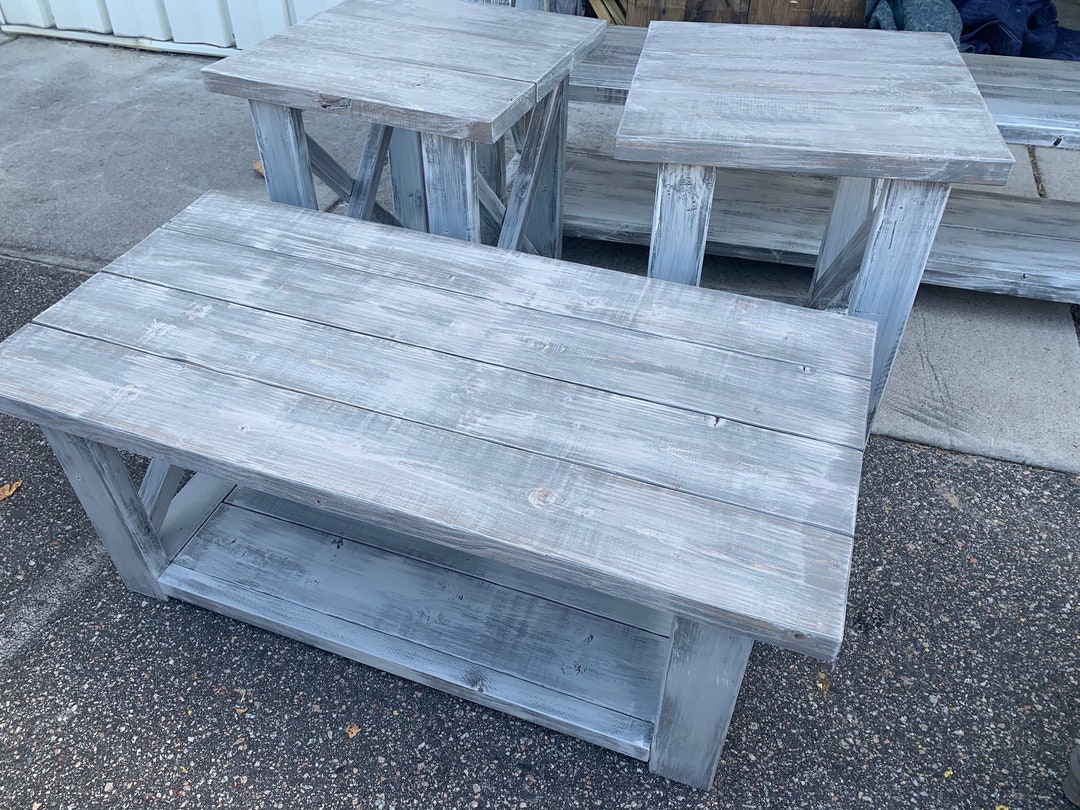 Farmhouse Living Room Set End Tables Set and Coffee Table With Distressed White Base Gray White Wash Top Rustic Living Room Furniture X Etsy