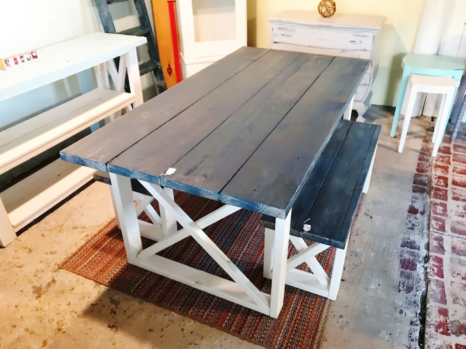 Rustic Farmhouse Table With Benches With Charcoal Colored Top - Etsy