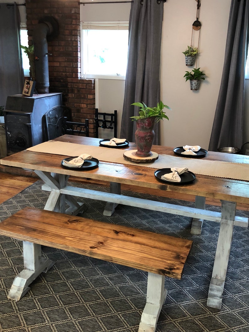 Rustic Pedestal Farmhouse Table With Benches Provincial Brown | Etsy