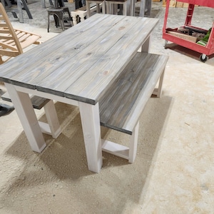 White Wash Farmhouse Table With Benches Wooden Gray White Wash Stock ...