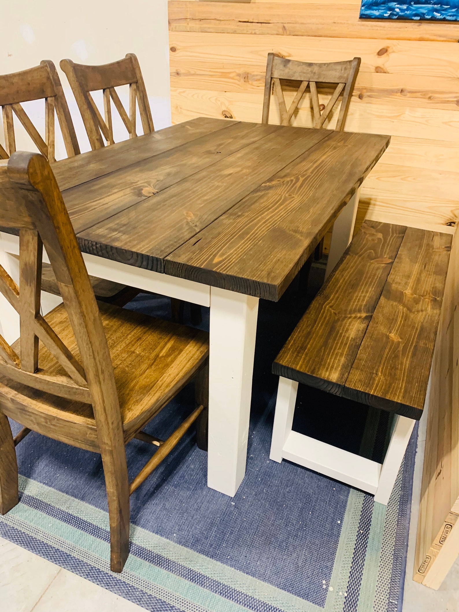 Rustic Farmhouse Table Set With Bench and Chairs White Base | Etsy