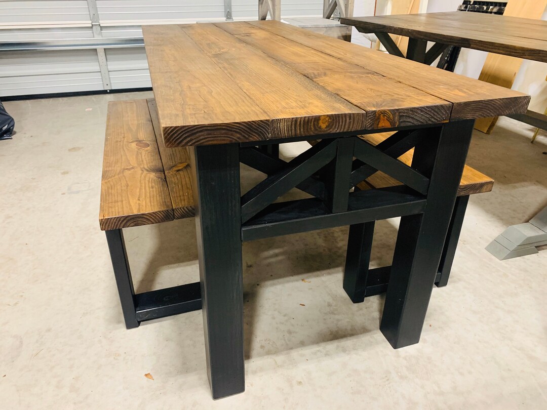 Rustic Wooden Farmhouse Table Set With Provincial Brown Top and True ...