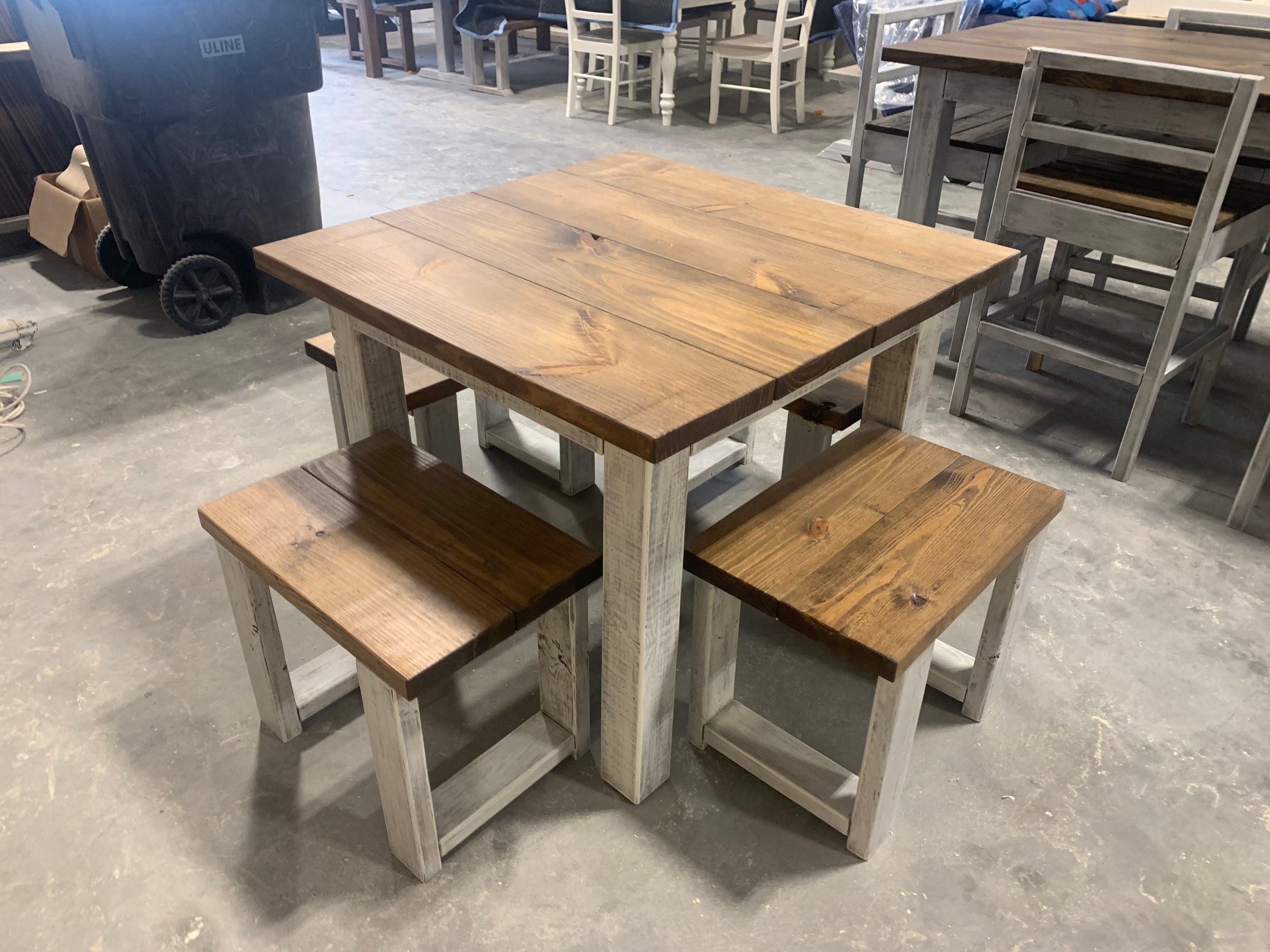 Square Farmhouse Table, Rustic Farmhouse Table, Dining Set with Stools ...