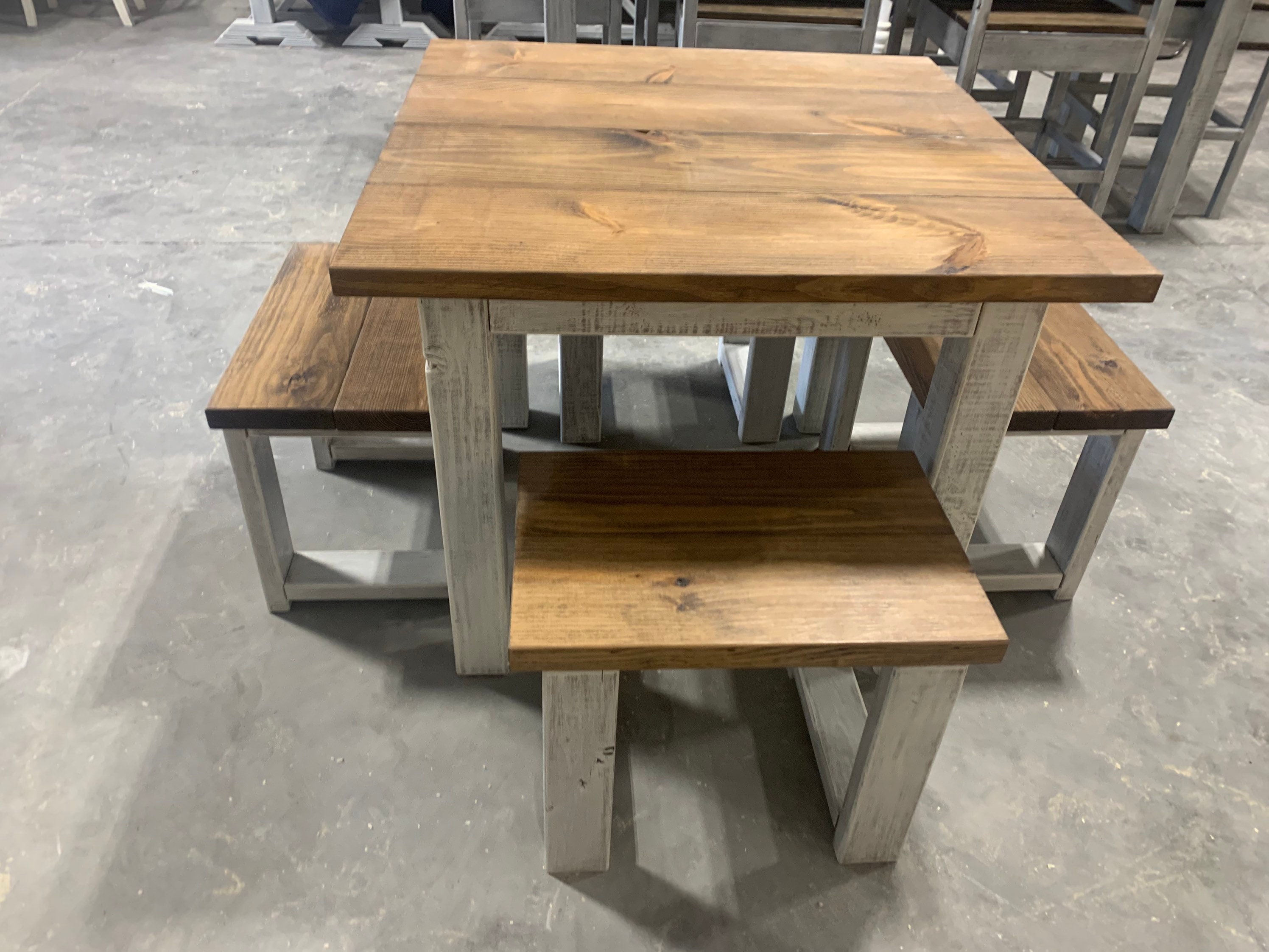 Square Farmhouse Table, Rustic Farmhouse Table, Dining Set with Stools ...