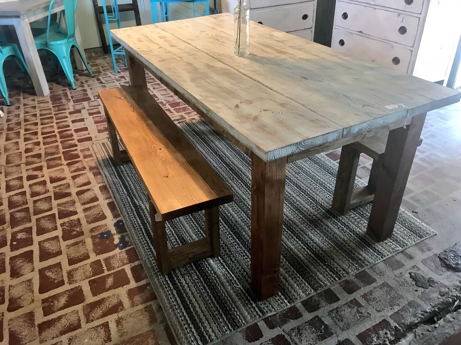 Rustic Weathered Farmhouse Table Set With Wooden Benches | Etsy