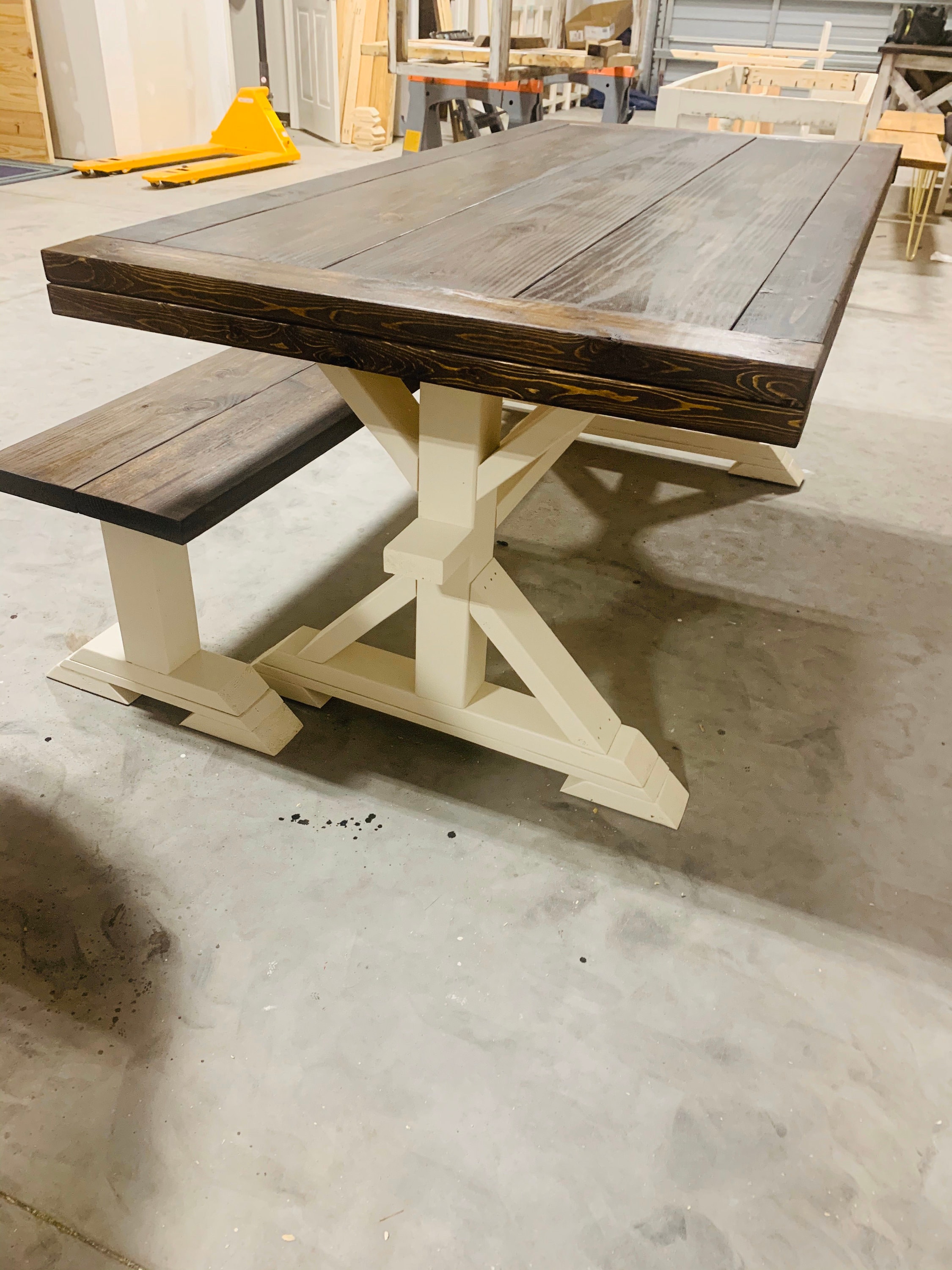 Chunky Farmhouse Table with Rustic Pedestal Base, and Bench Espresso ...