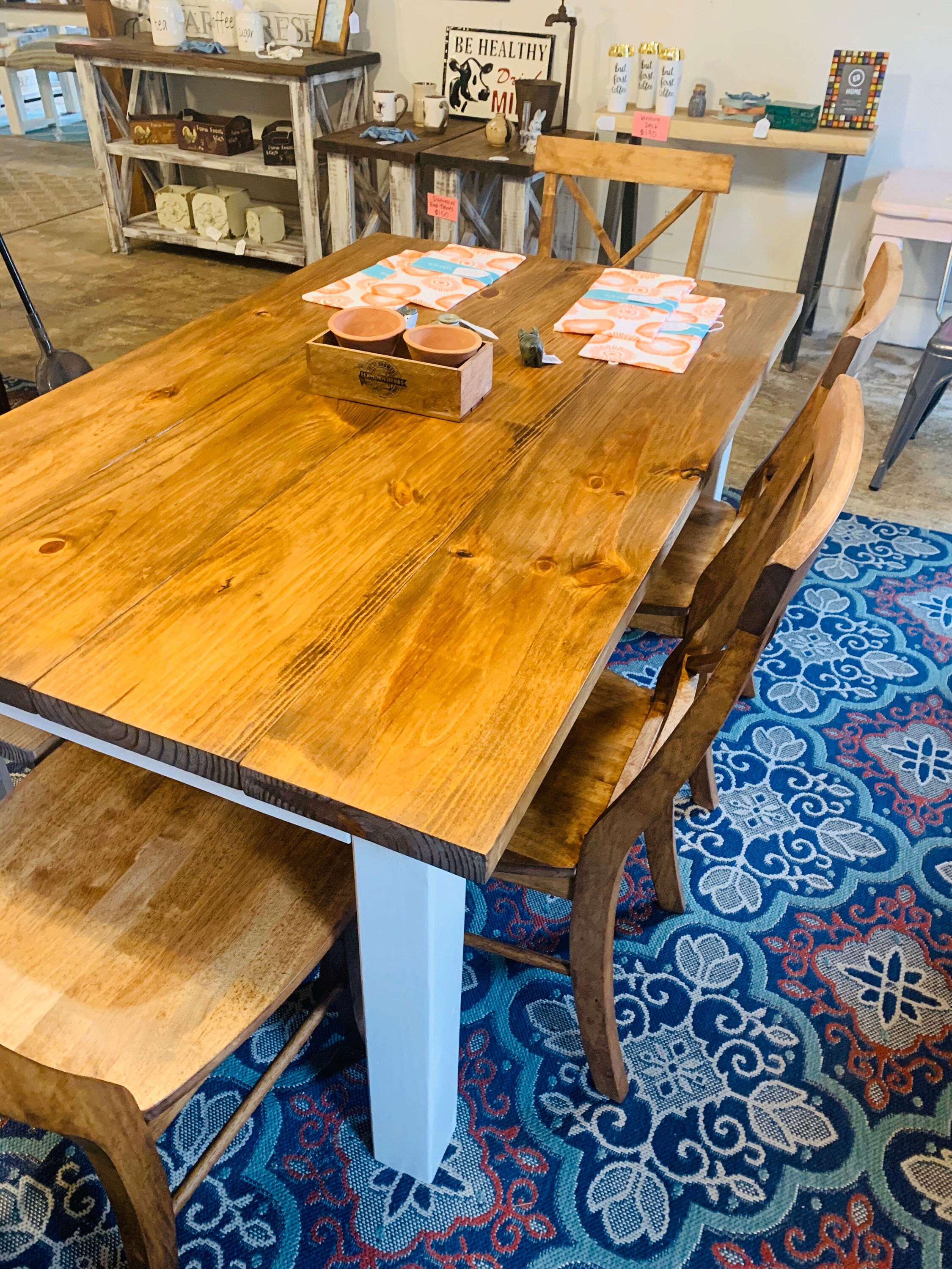 Rustic Farmhouse Table Set with Bench and Chairs, White Base and Early ...