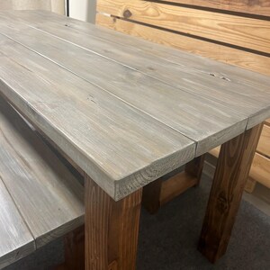 Narrow Farmhouse Dining Table Set: Provincial Brown, Gray Whitewash Top ...