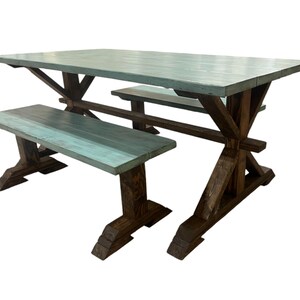 6ft Farmhouse Dining Table Set: Distressed Teal, Dark Walnut, Trestle ...