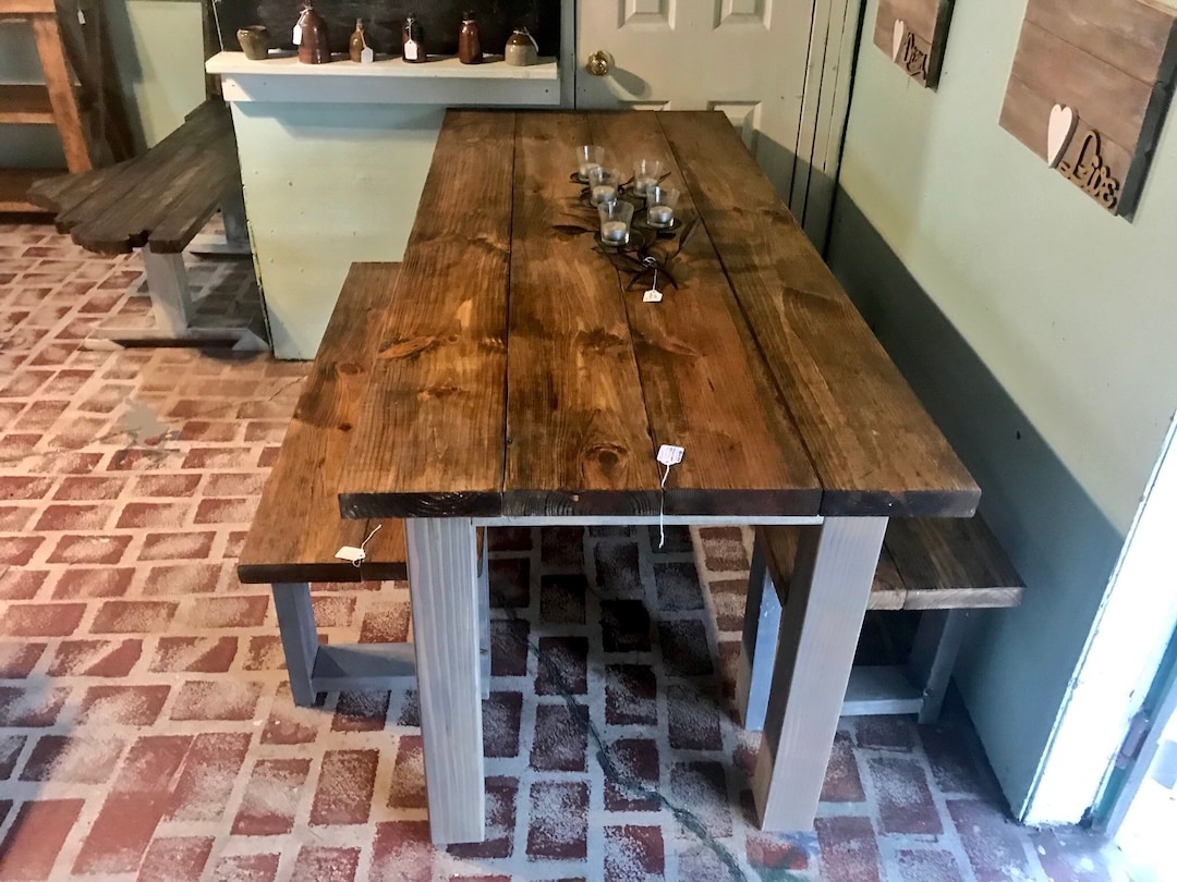 Rustic Wooden Farmhouse Table Set With Provincial Brown Top and Classic ...