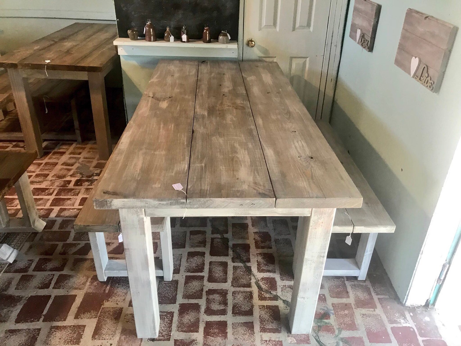 White Wash Farmhouse Table With Benches: Rustic Distressed Wood Dining ...