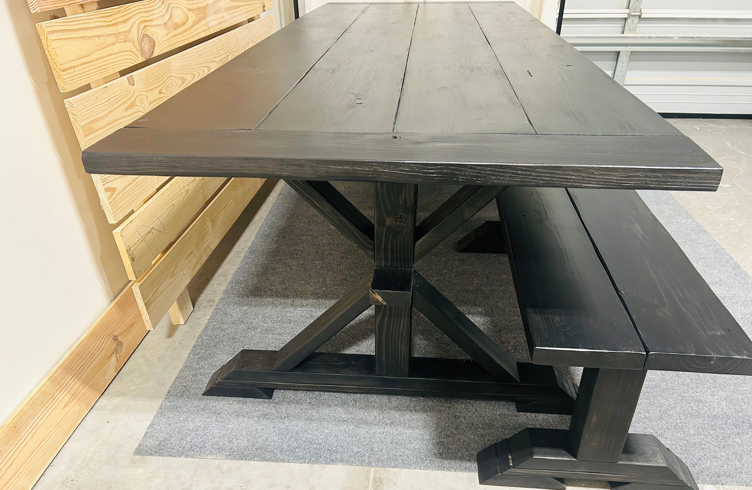 Black Modern Trestle Farmhouse Table, With Benches, Stained True Black ...