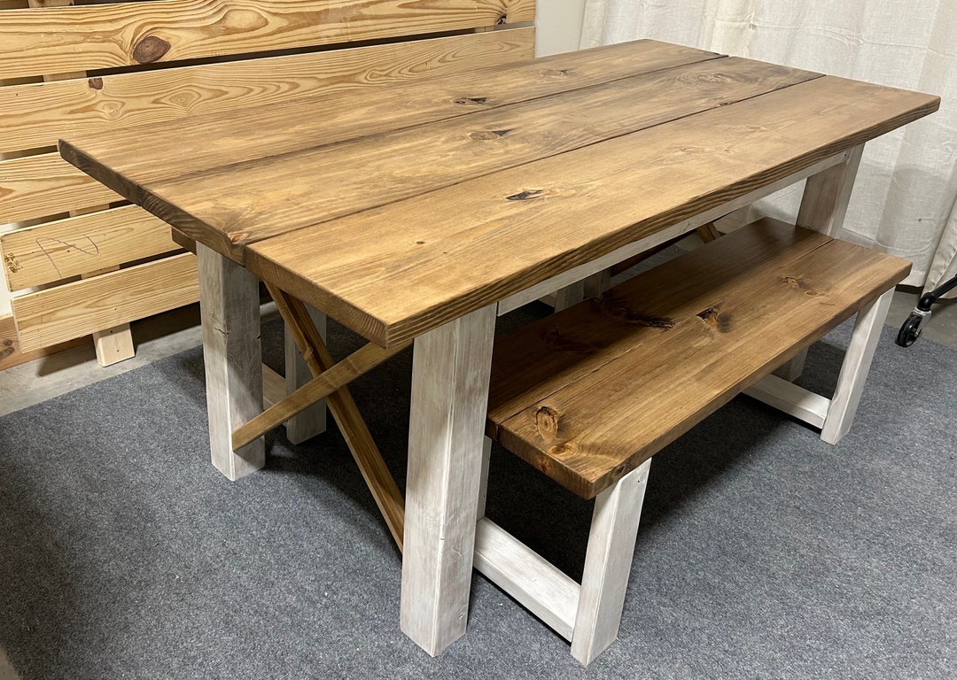 Rustic Farmhouse Table Set: Distressed White, Special Walnut Top - Etsy