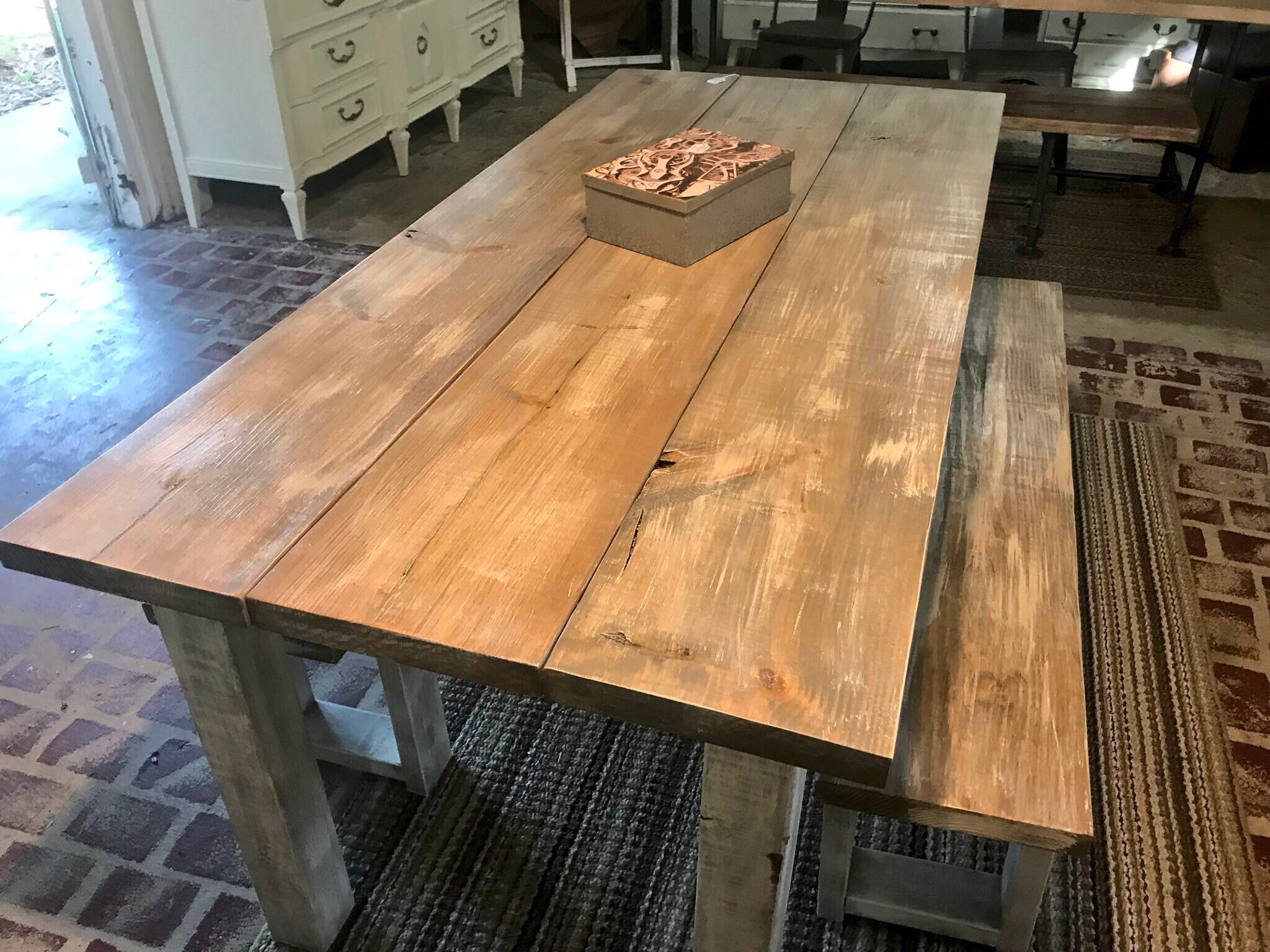 White Wash Farmhouse Table With Benches Rustic Wooden Gray White Wash ...