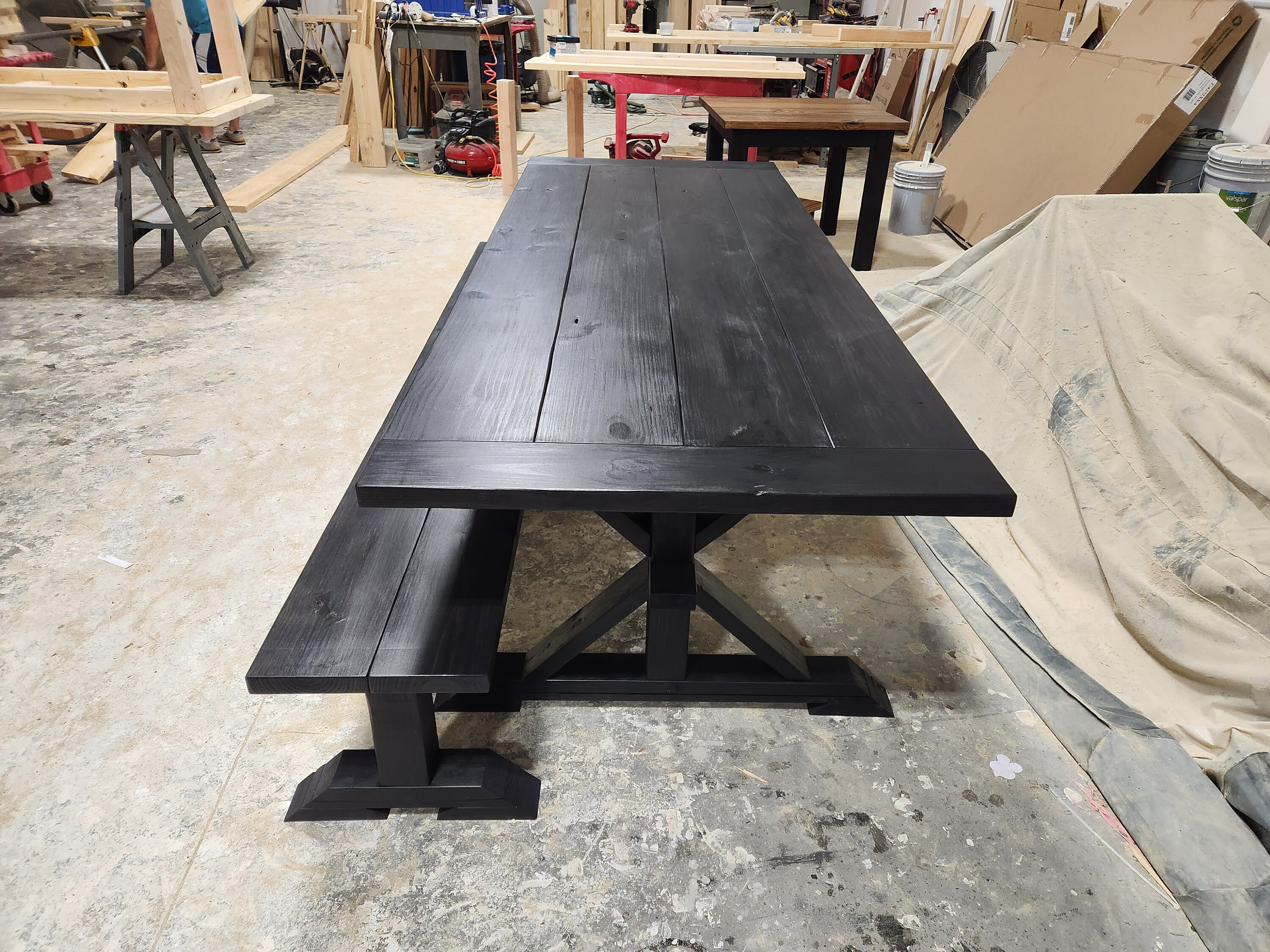Black Modern Trestle Farmhouse Table, With Benches, Stained True Black ...