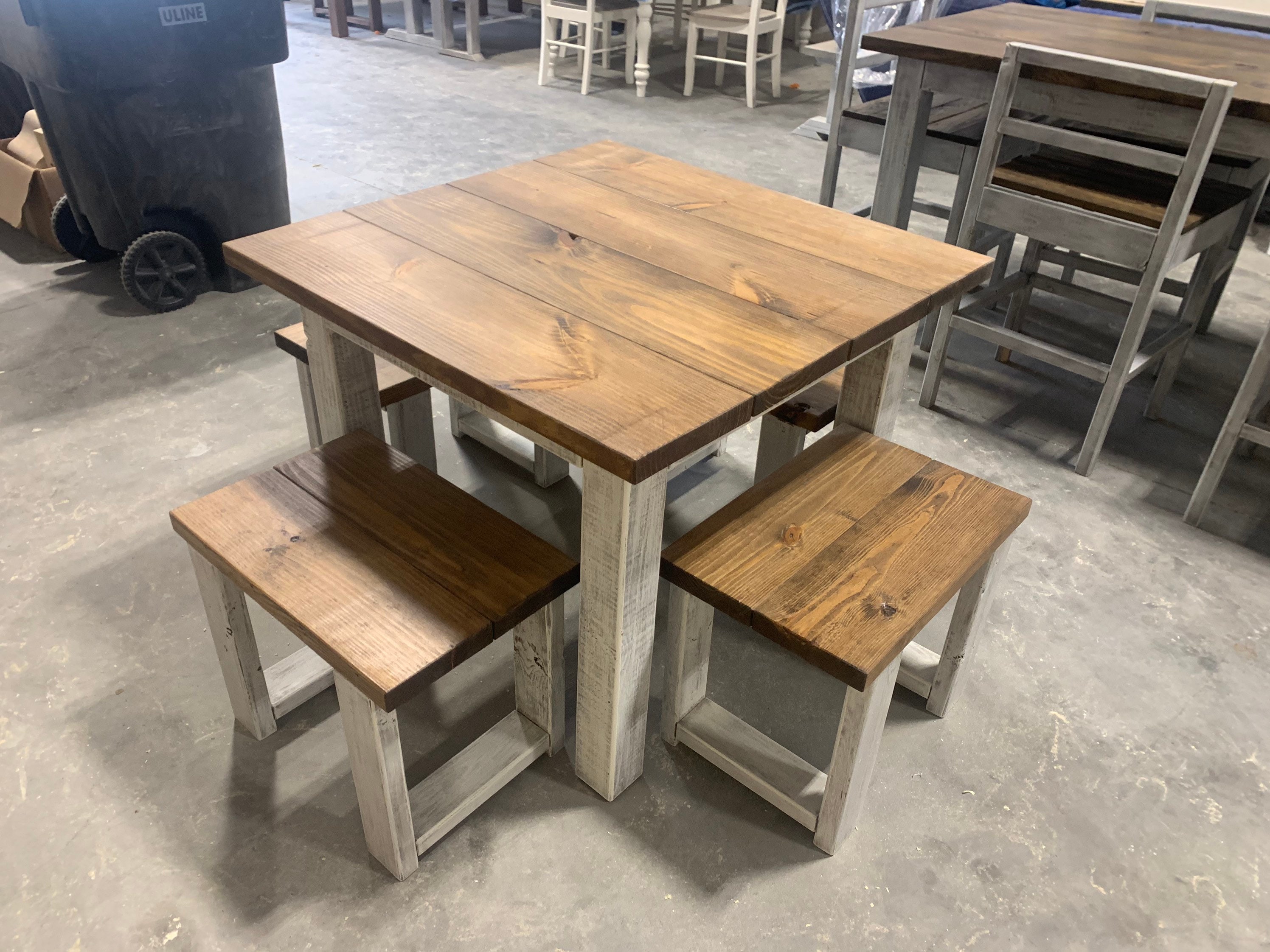 Square Farmhouse Table, Rustic Farmhouse Table, Dining Set with Stools ...