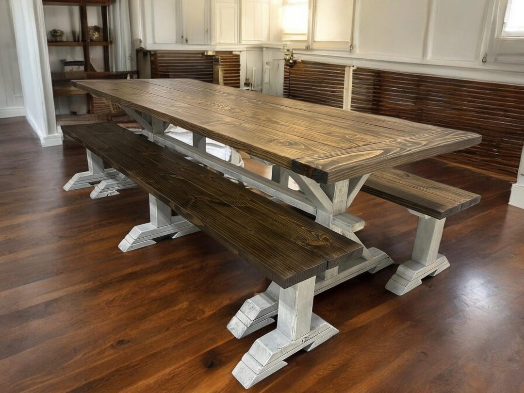 Rustic Farmhouse Dining Table Set: Dark Walnut Top, Distressed White ...