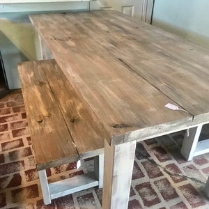 White Wash Farmhouse Table With Benches: Rustic Distressed Wood Dining ...