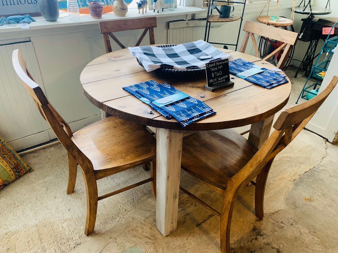 Round Rustic Farmhouse Table with chairs Four Leg Base | Etsy