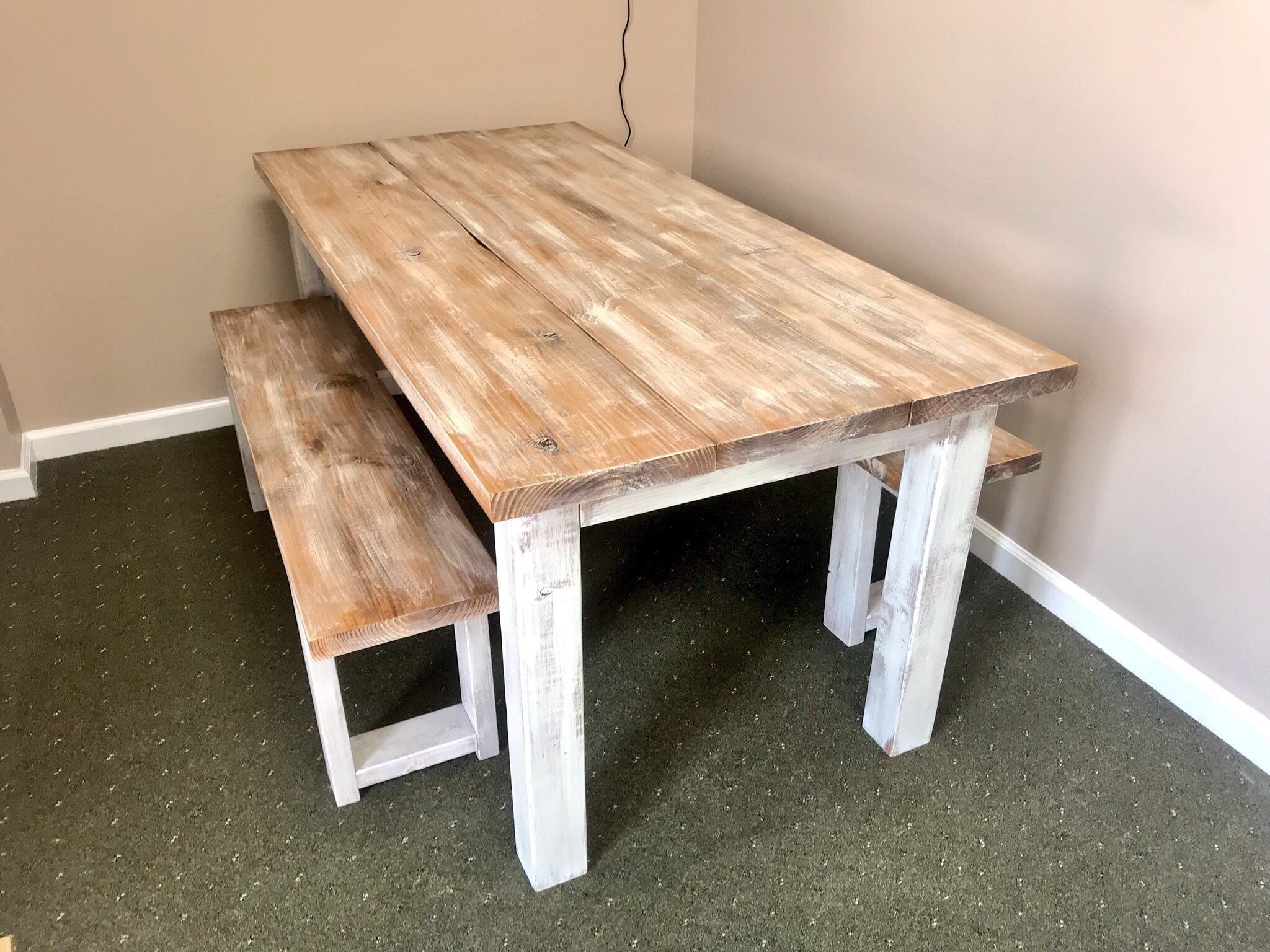 White Wash Farmhouse Table With Benches Rustic Wooden Walnut White Wash ...