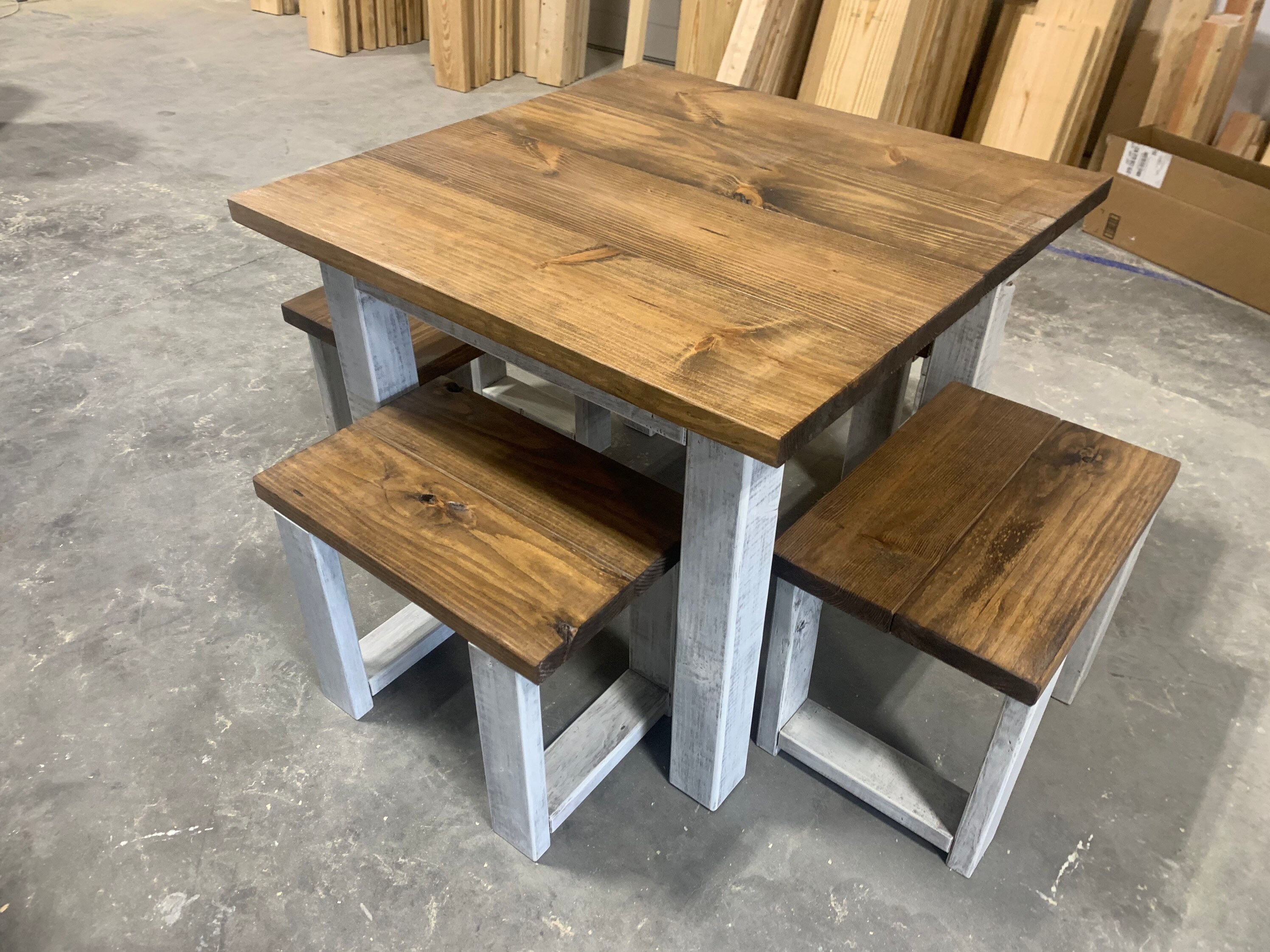 Square Farmhouse Table, Rustic Farmhouse Table, Dining Set with Stools ...