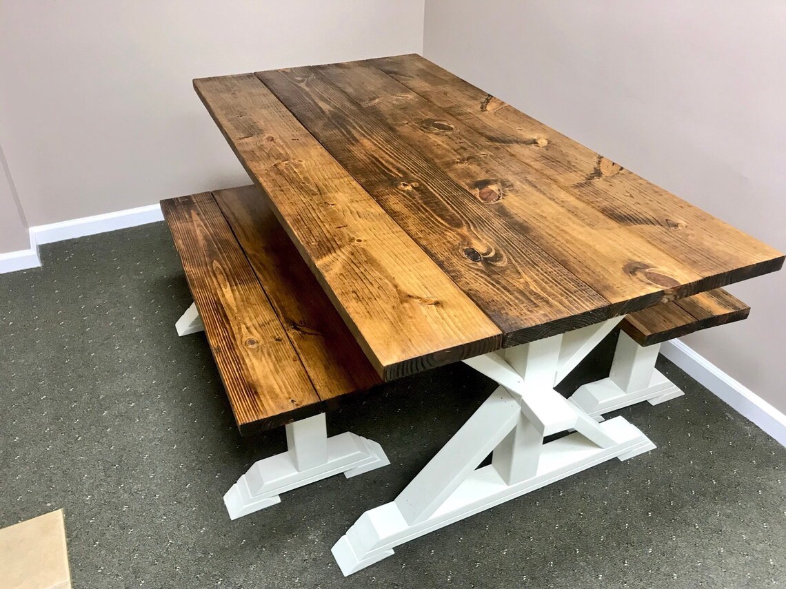 Rustic Pedestal Farmhouse Table With Benches Provincial Brown | Etsy