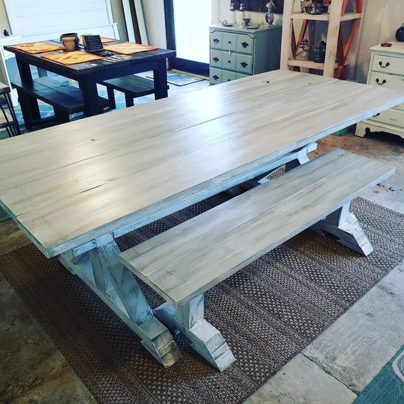 7ft Rustic Farmhouse Table Set With Long Benches Gray White | Etsy