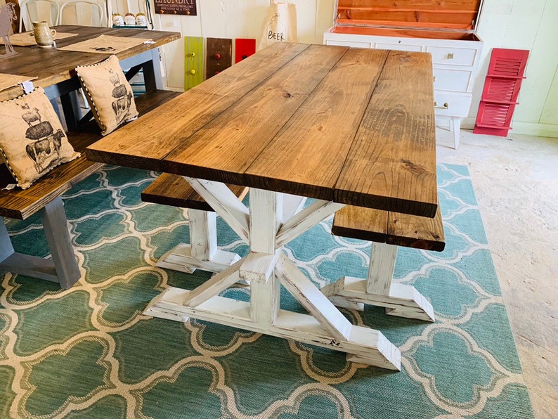 Rustic Pedestal Farmhouse Table With Benches Provincial Brown | Etsy