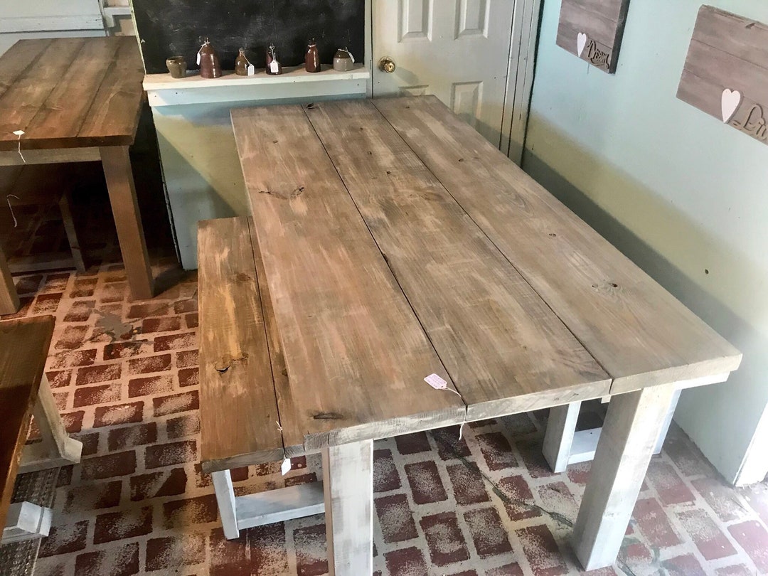 White Wash Farmhouse Table With Benches: Rustic Distressed Wood Dining ...