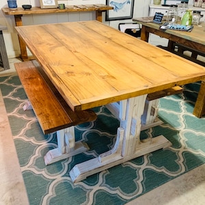 Trestle Style Rustic Farmhouse Table Set With Two Benches, Early ...
