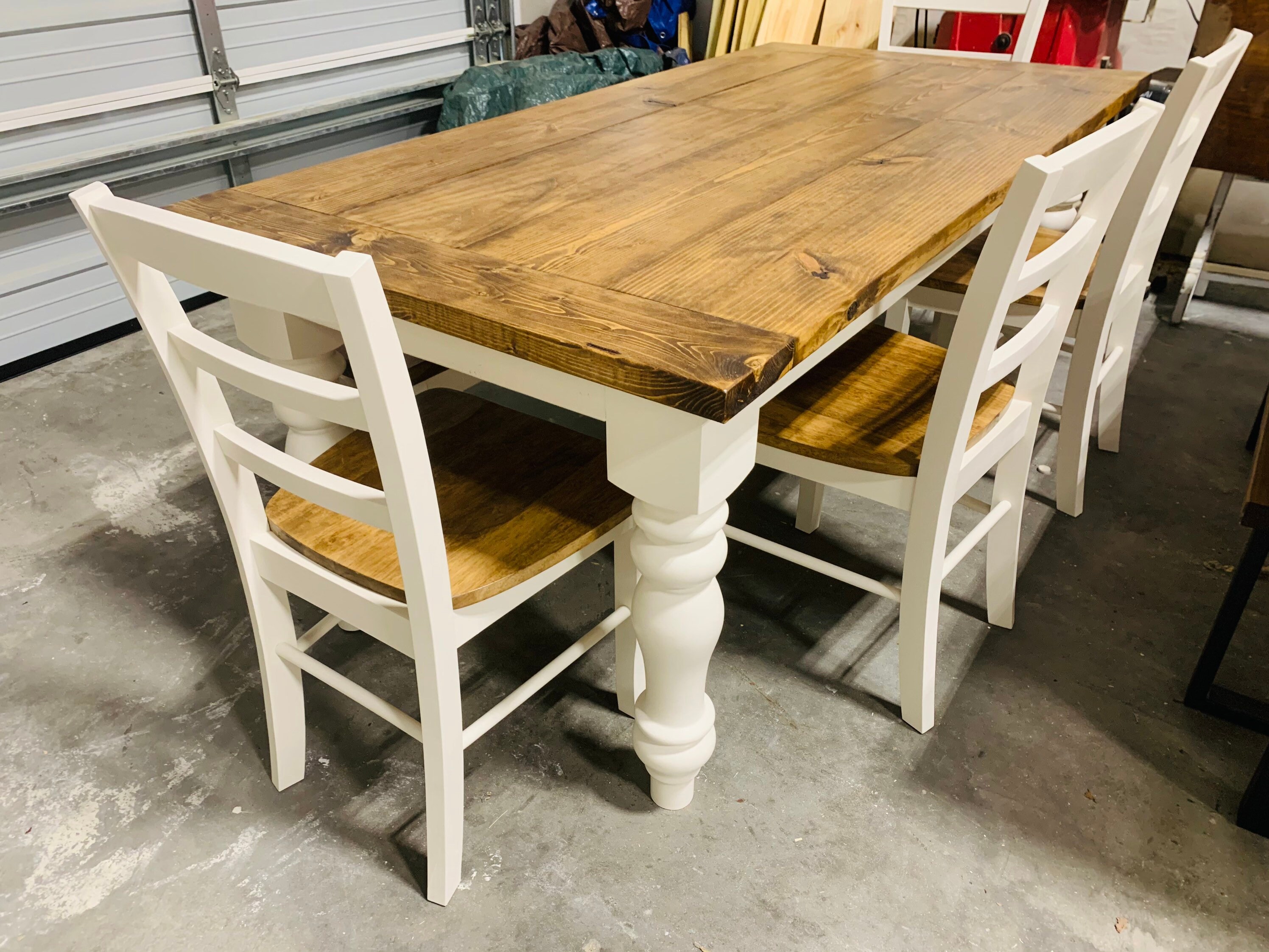 Rustic Farmhouse Table Set with Chunky Turned Legs and Breadboards , with Bench and Chairs ...