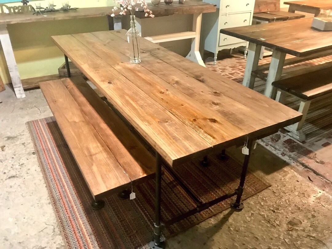 Industrial Style Farmhouse Table With Benches Black Iron Pipe Base and ...