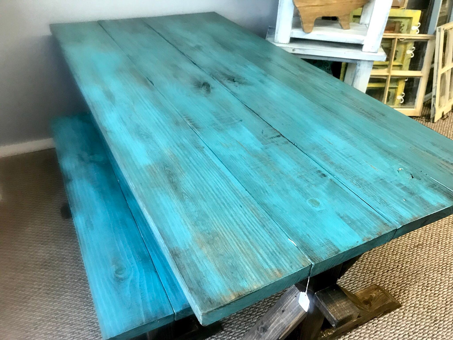 Rustic Pedestal Farmhouse Table With Benches Beatiful Teal - Etsy