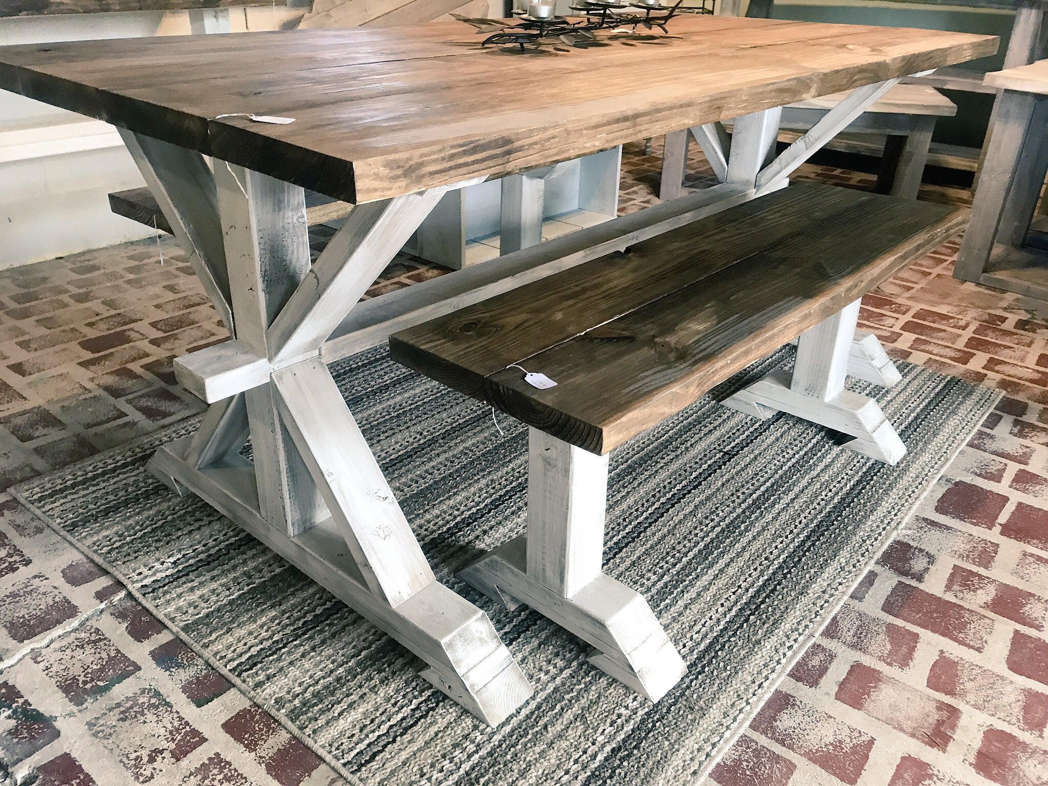 Rustic Pedestal Farmhouse Table With Benches Provincial Brown with ...