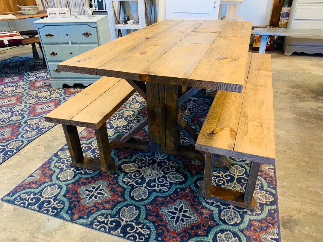 Rustic Rusty Trestle Style Farmhouse Table Set With Benches, Light ...