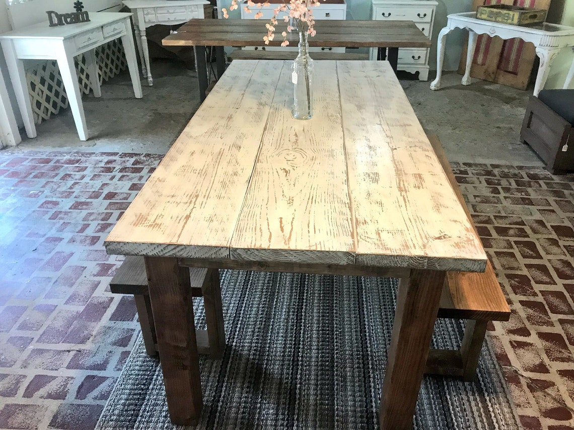 Rustic Weathered Farmhouse Table Set With Wooden Benches | Etsy