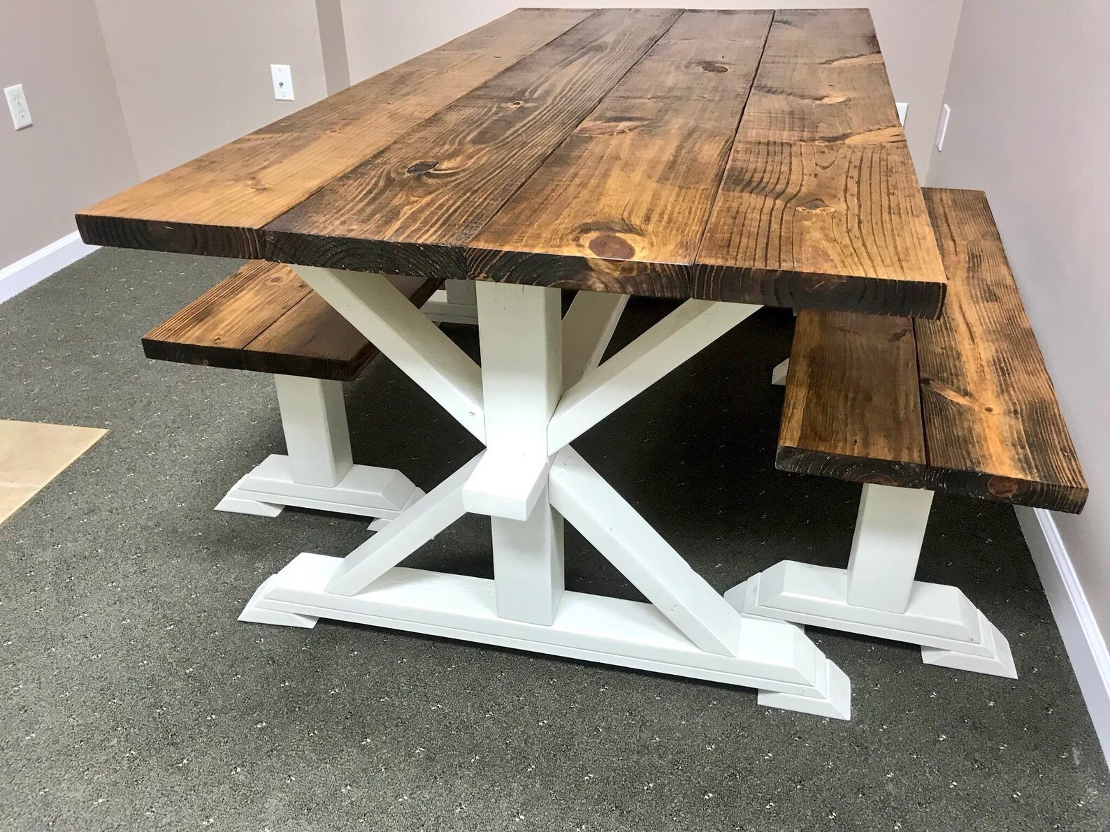 Rustic Pedestal Farmhouse Table With Benches Provincial Brown | Etsy