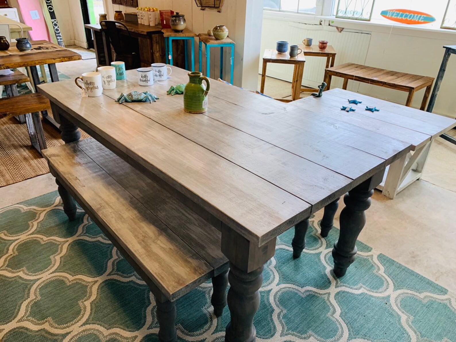 Rustic Farmhouse Dining Table Set: Gray White Wash Top, Chunky Turned ...