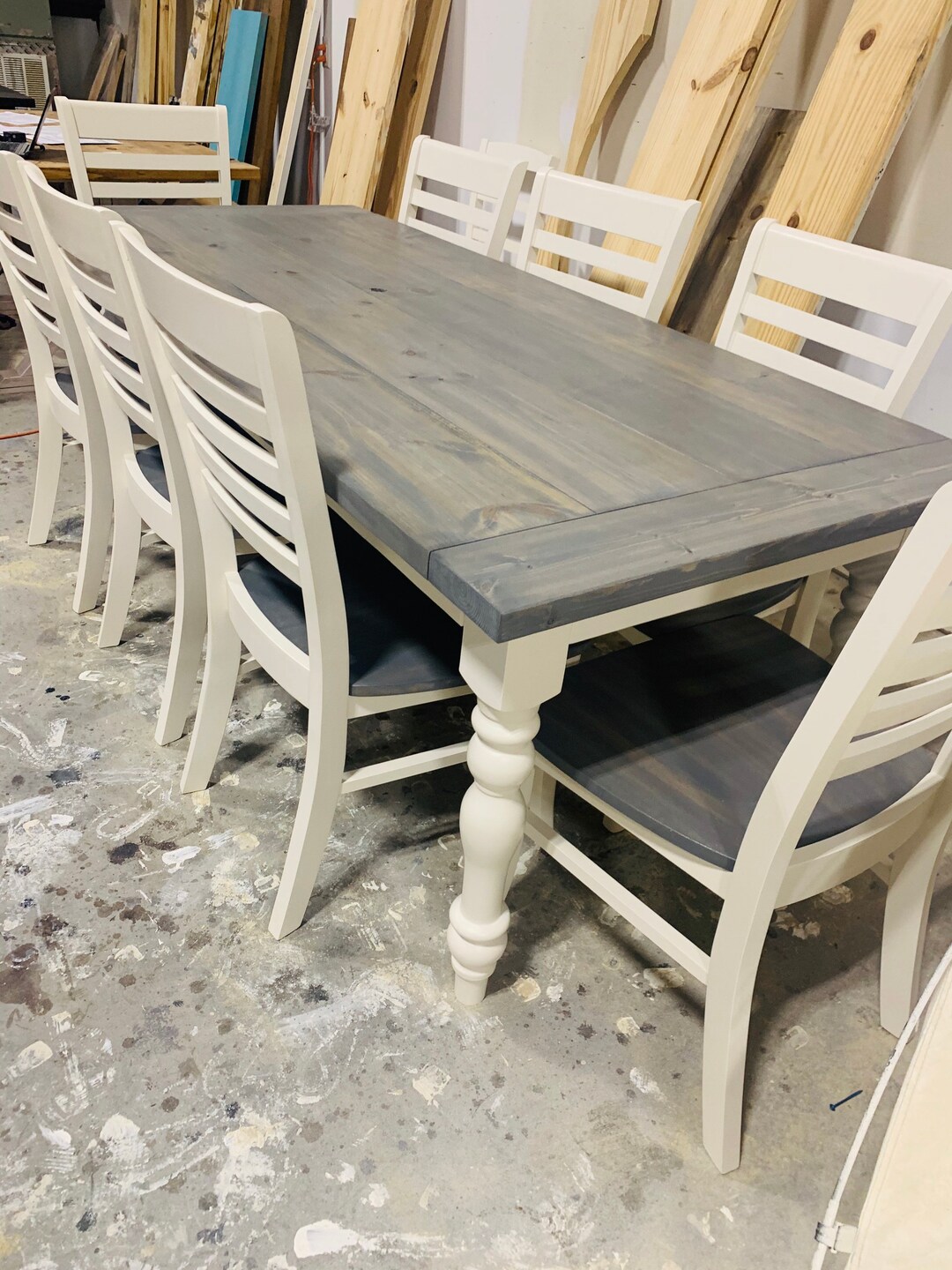 7ft Rustic Farmhouse Table With Turned Legs, Chair Set Classic Gray Top ...