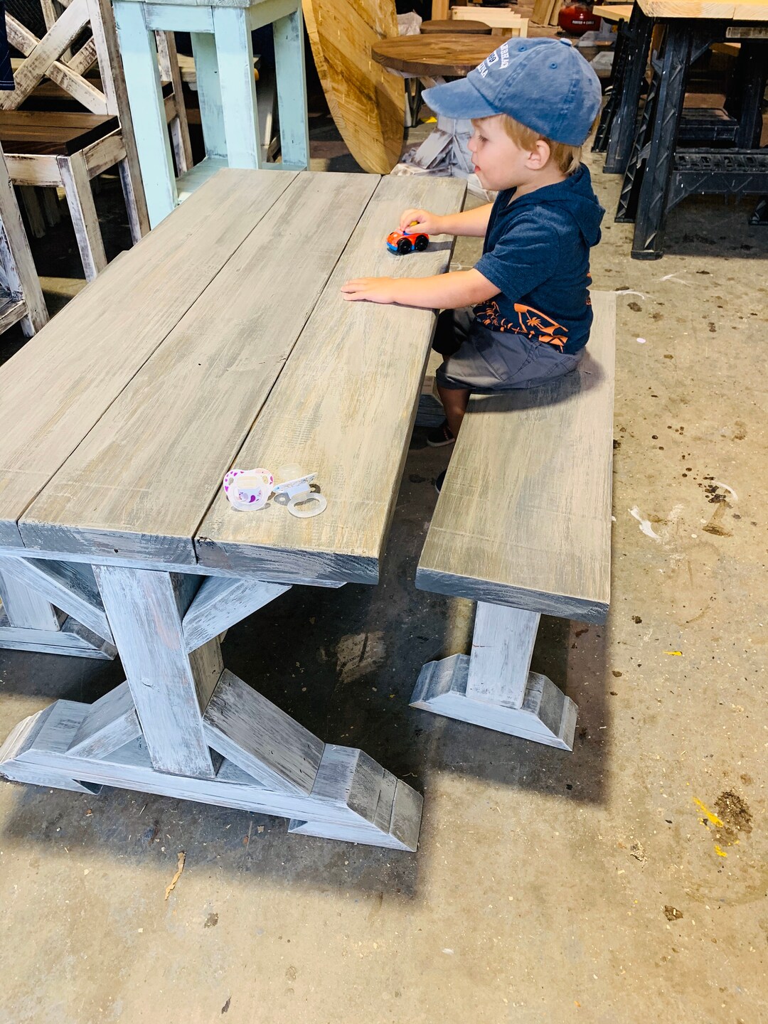 Kids Rustic Farmhouse Table Set With Benches: White Wash & Distressed ...