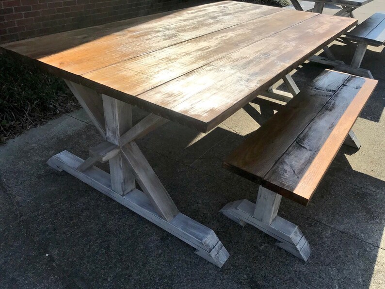 Rustic Pedestal Wide Farmhouse 7ft. Table With Bench - Etsy