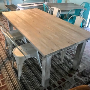 White Wash Farmhouse Table With Metal Chairs Rustic Wooden Gray White ...